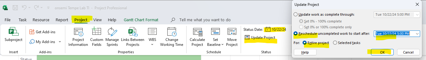 Microsoft Project- 'Update Project' tool